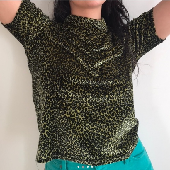 Vintage | Tops | Vintage Velvet Green Leopard Print Mock Neck | Poshmark